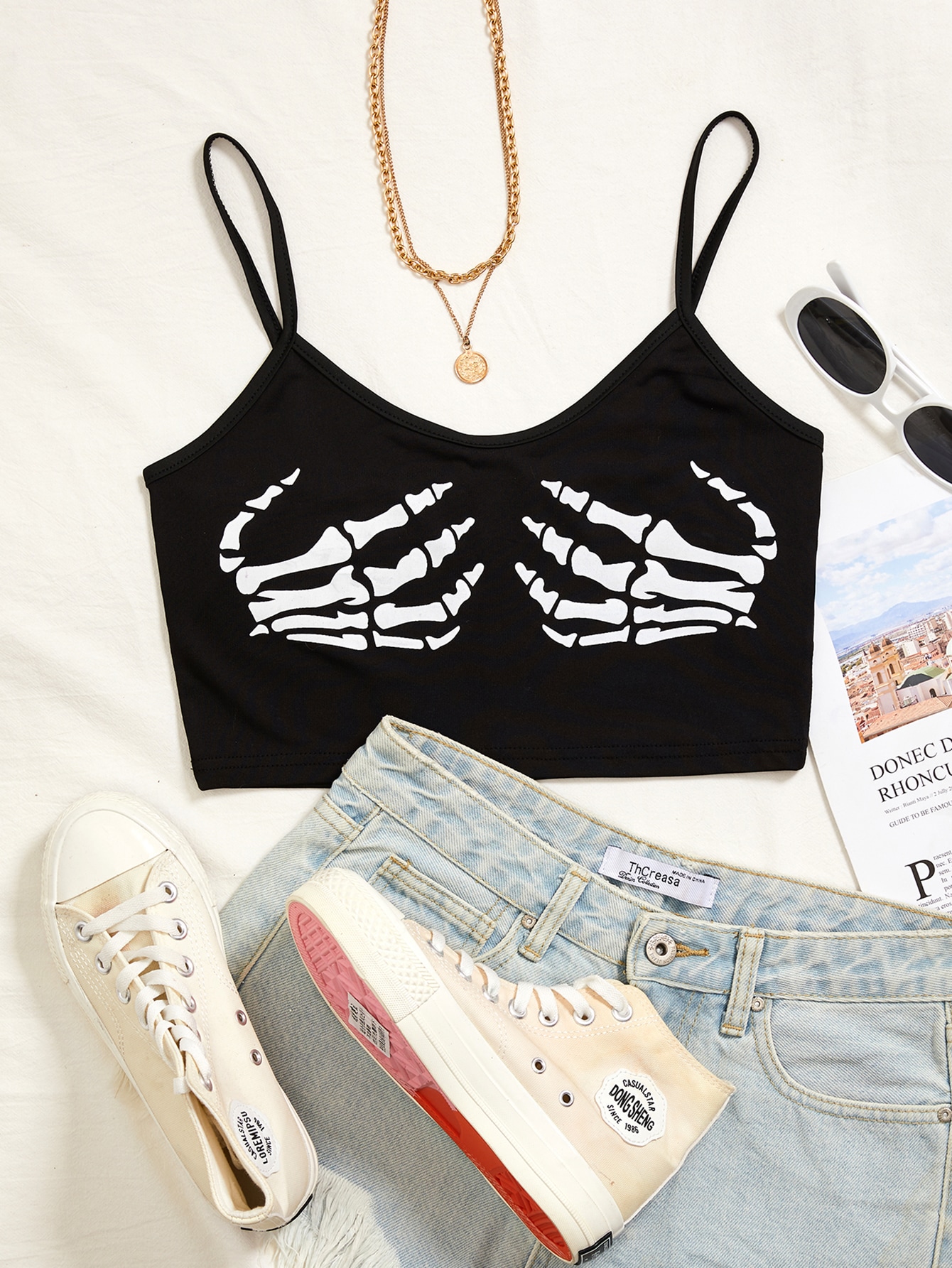 Skeleton Print Crop Cami Top