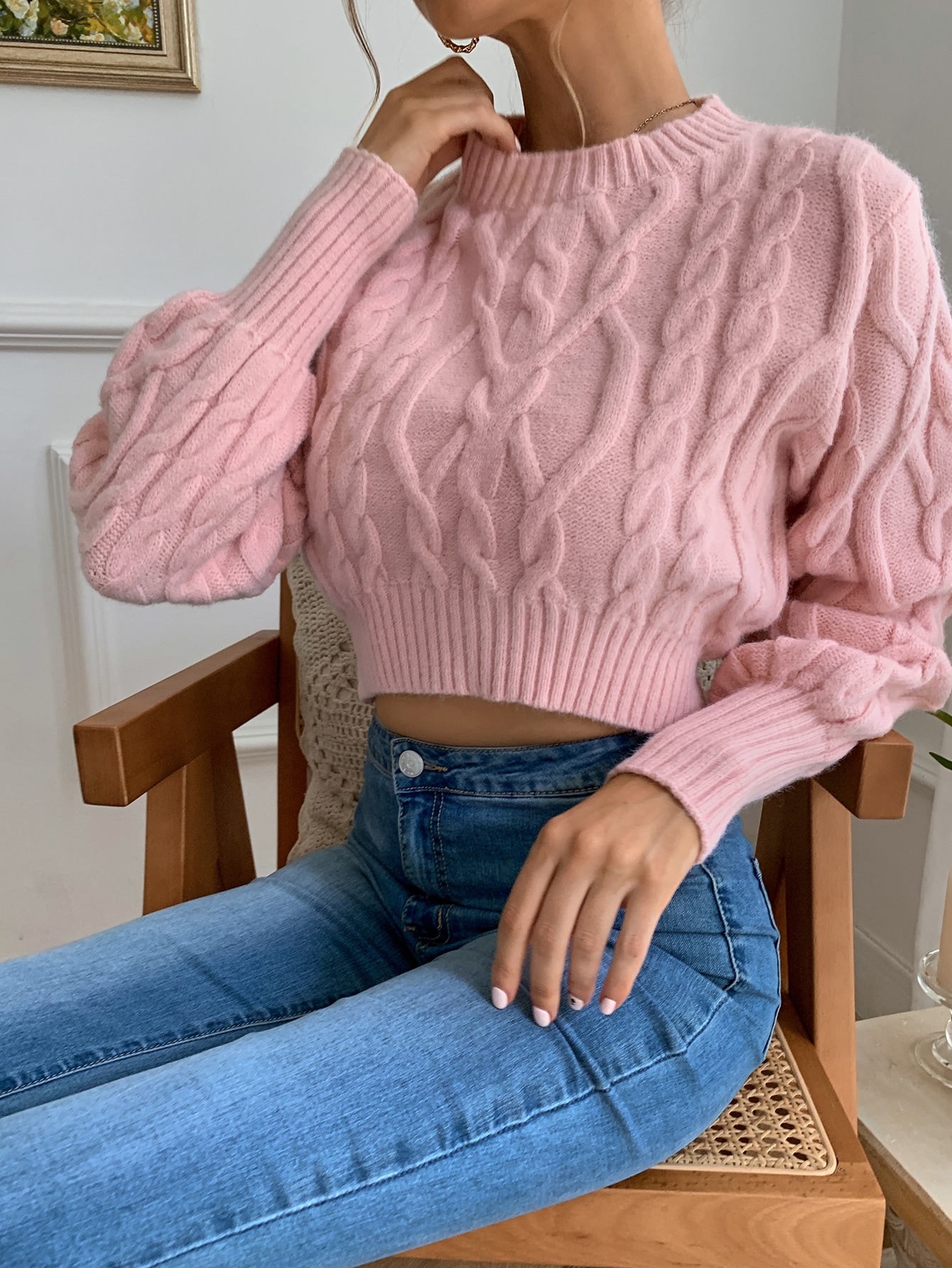 SHEIN Essnce Cable Knit Lantern Sleeve Crop Sweater | SHEIN USA