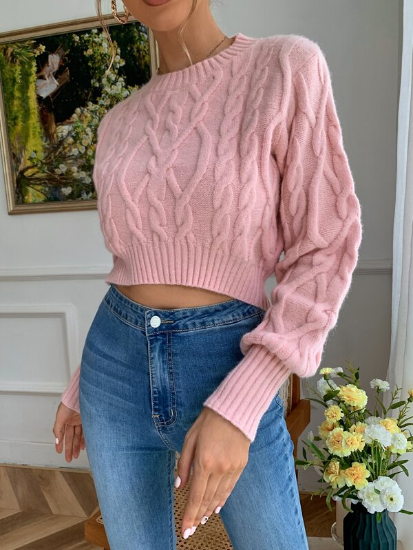 SHEIN Essnce Cable Knit Lantern Sleeve Crop Sweater | SHEIN USA