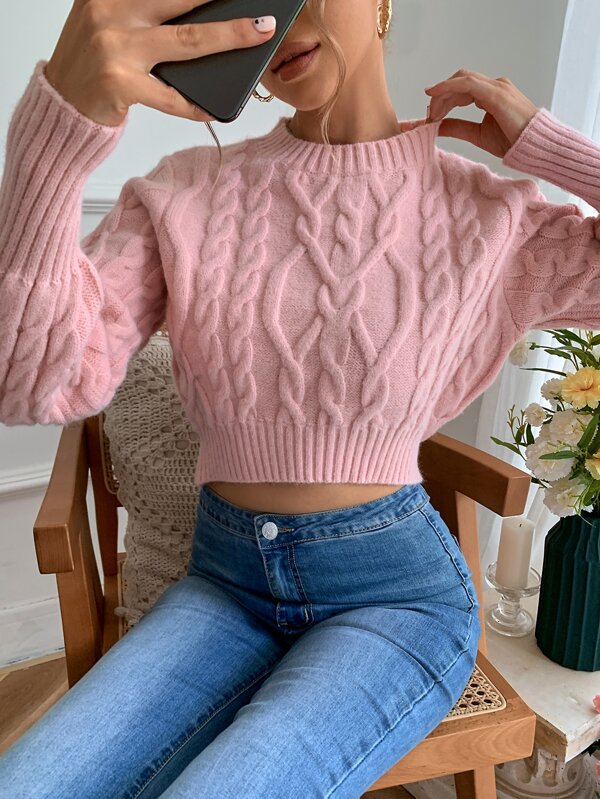 SHEIN Essnce Cable Knit Lantern Sleeve Crop Sweater | SHEIN USA