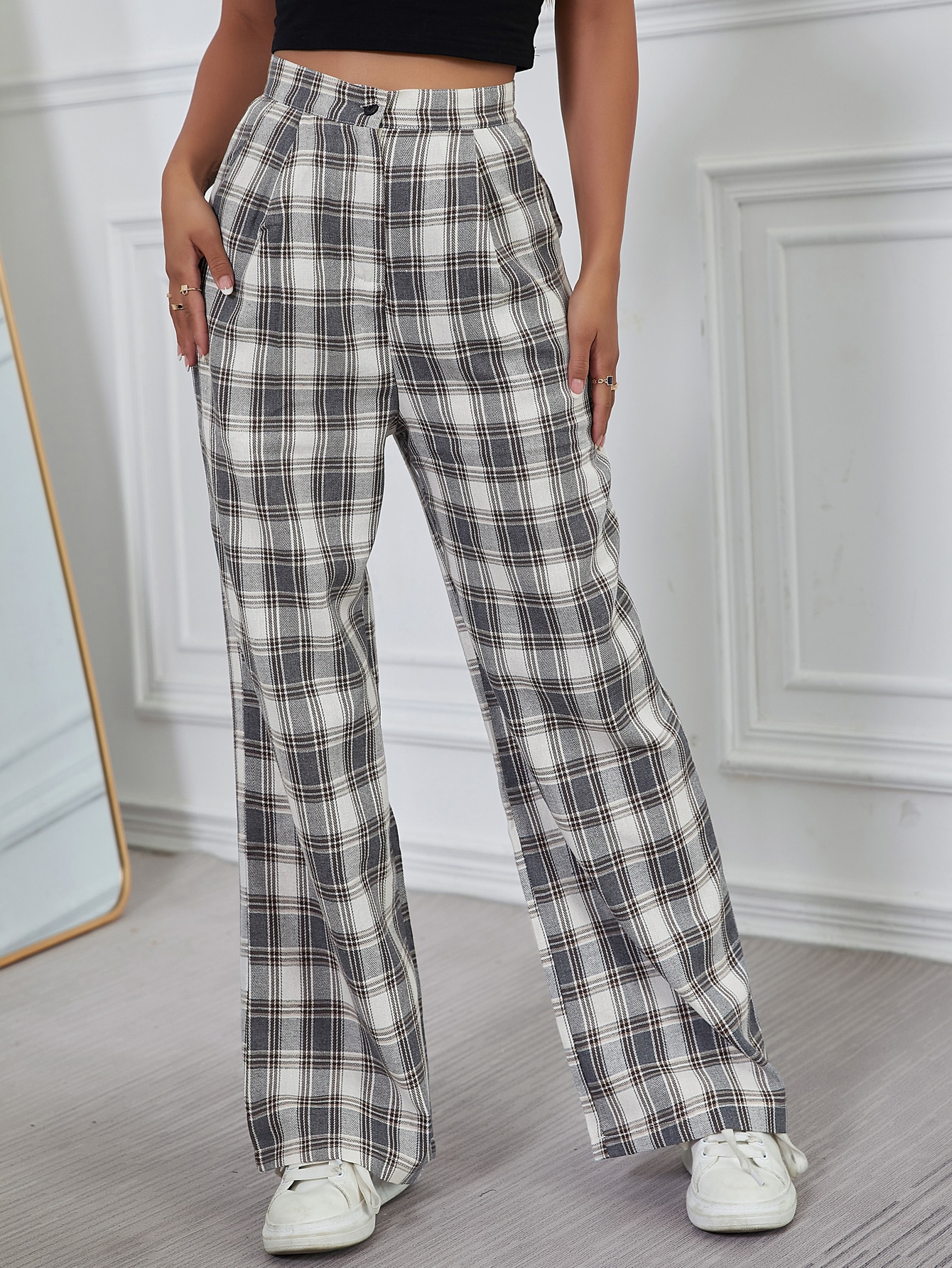 Button Waist Slant Pocket Plaid Wide Leg Pants