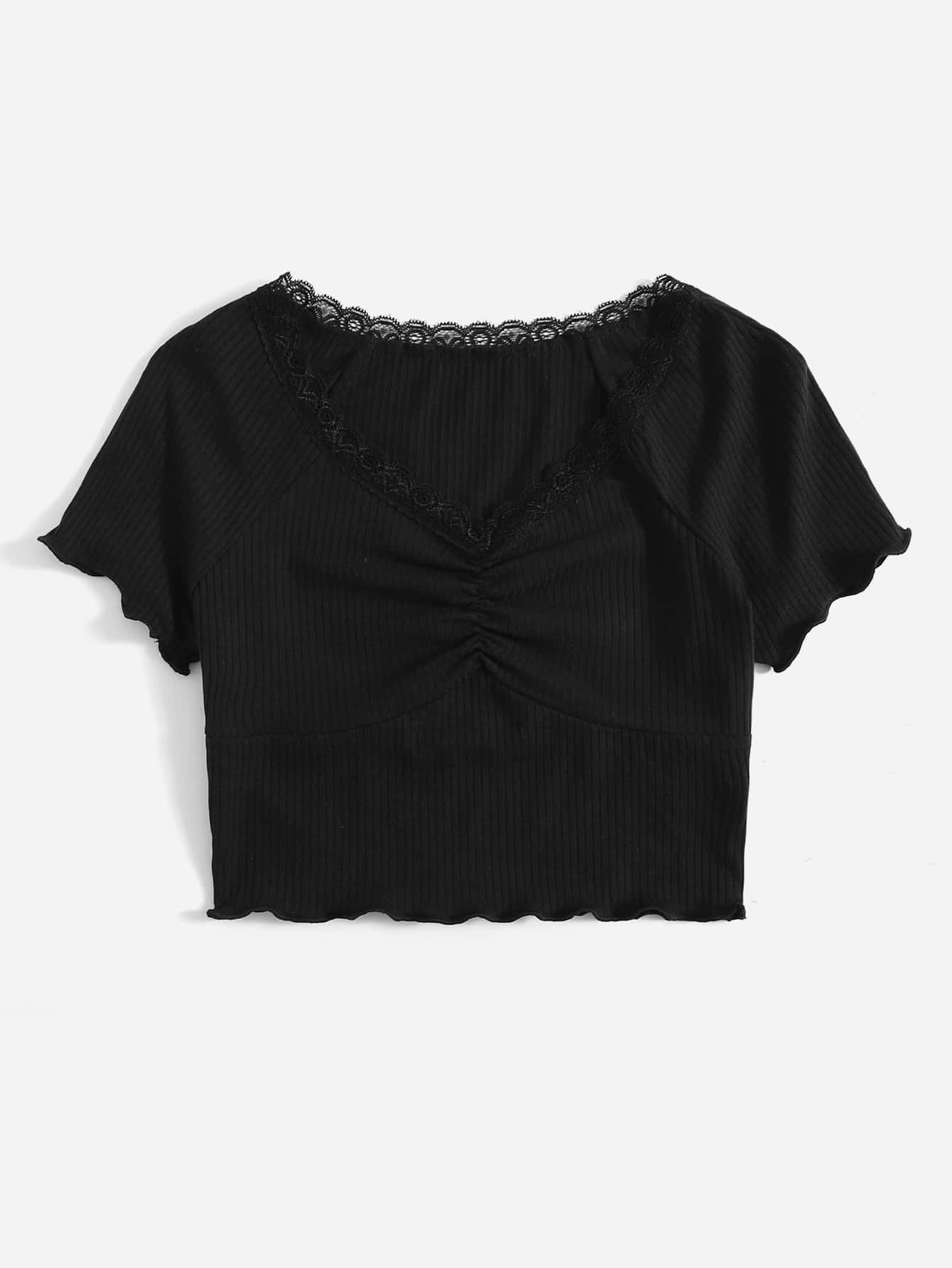 SHEIN Qutie Lace Trim Raglan Sleeve Ruched Rib-knit Crop Tee -SHEIN