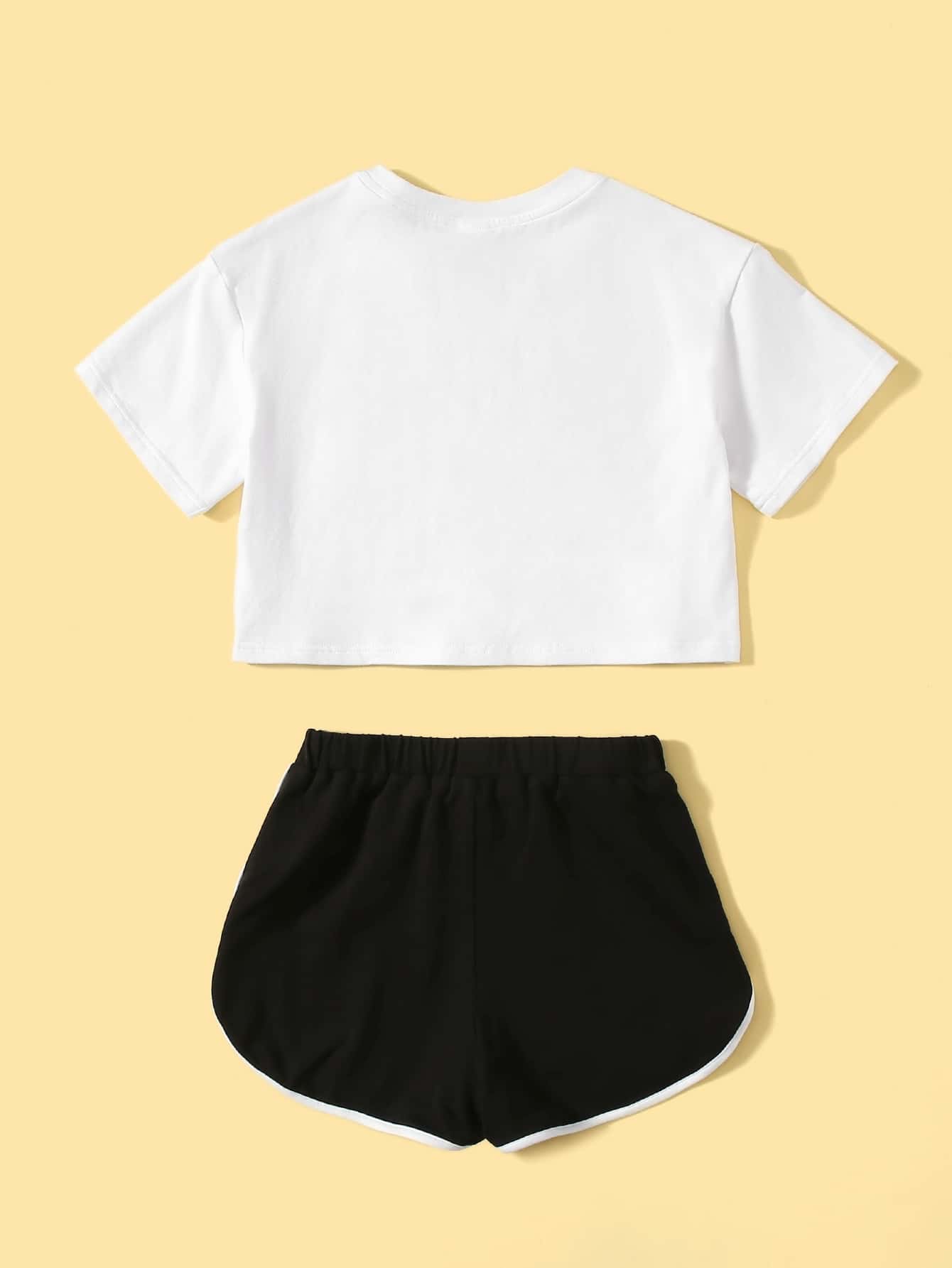 Shein Tween Girl Letter Graphic Crop Top And Contrast Binding Shorts