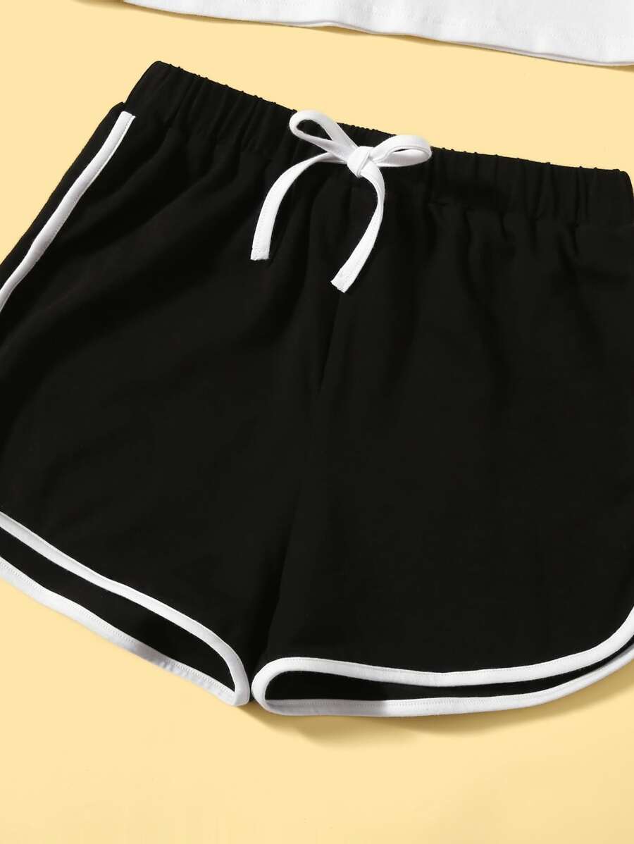 Shein Tween Girl Letter Graphic Crop Top And Contrast Binding Shorts