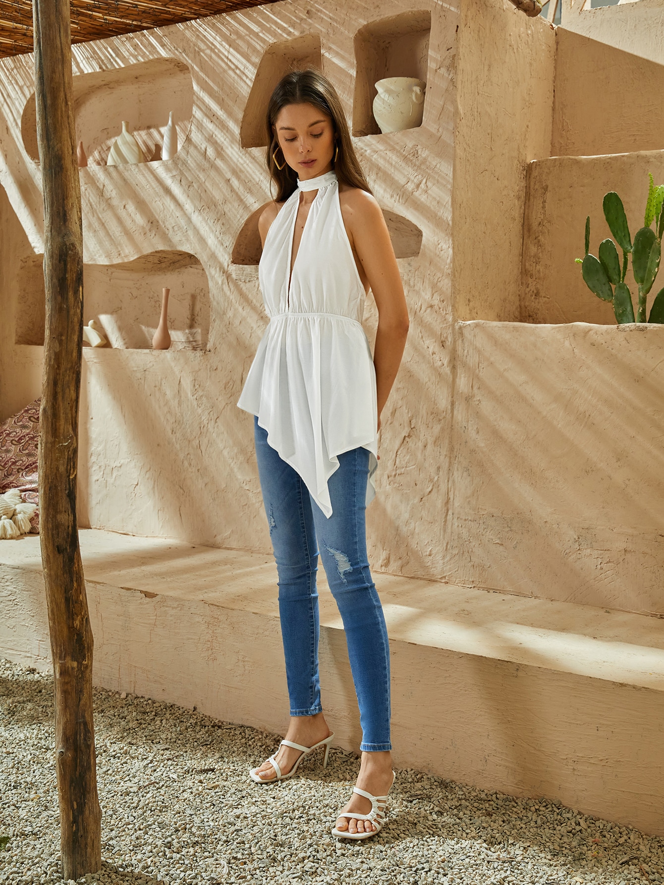 SHEIN Cut Out Hanky Hem Open Back Halter Top | SHEIN USA