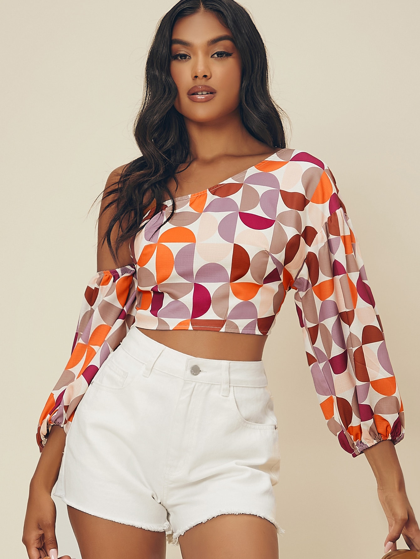 Geo Print Open-Shoulder Crop Top