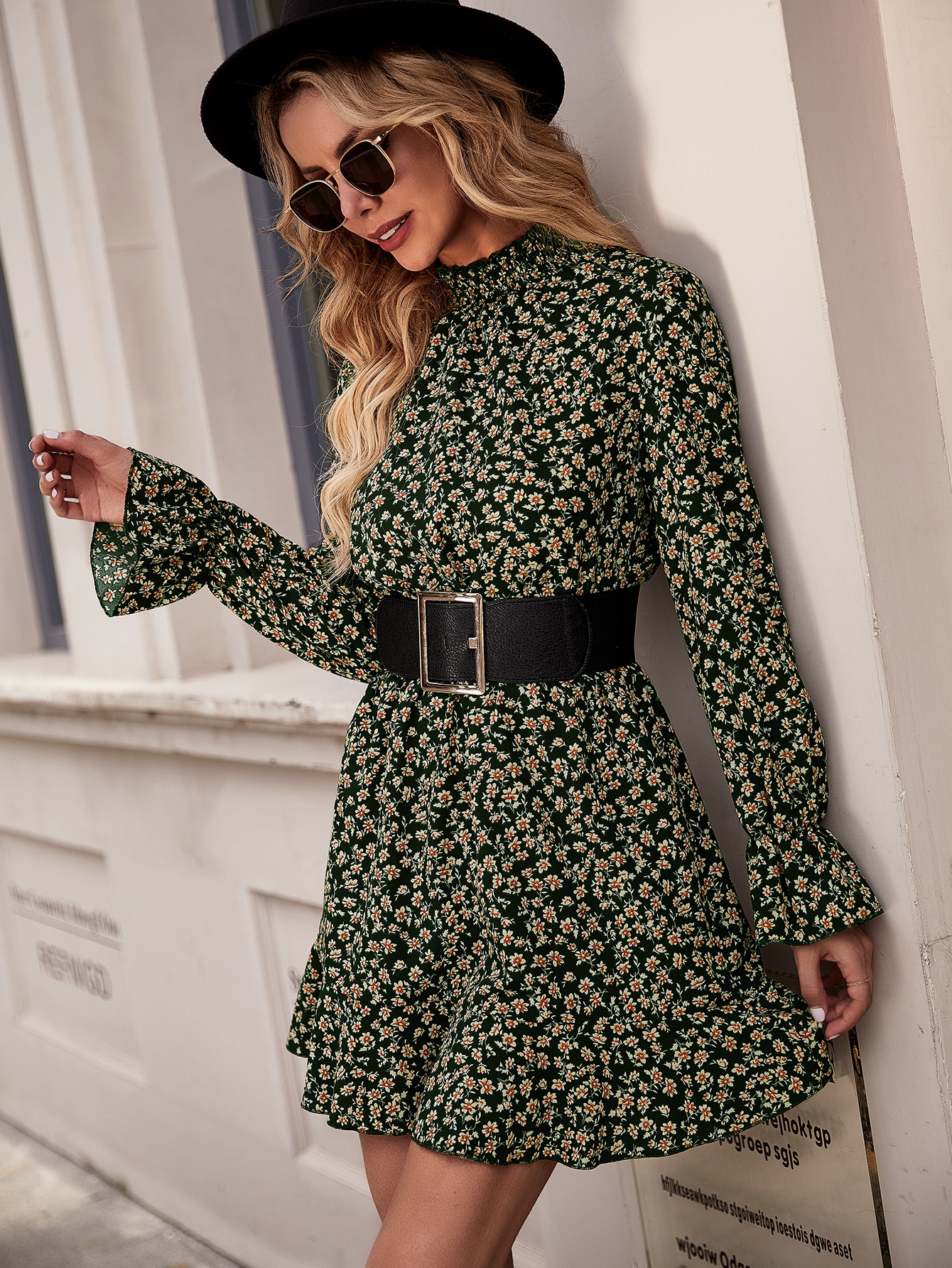 Shein Privé Ditsy Floral Flounce Sleeve Ruffle Hem Dress Without Belt