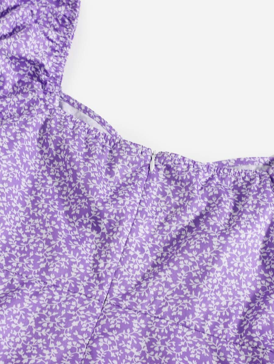 SHEIN WYWH Allover Plants Print Drawstring Front Ruffle Cuff Dress ...