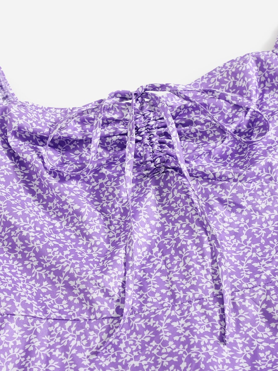 SHEIN WYWH Allover Plants Print Drawstring Front Ruffle Cuff Dress ...