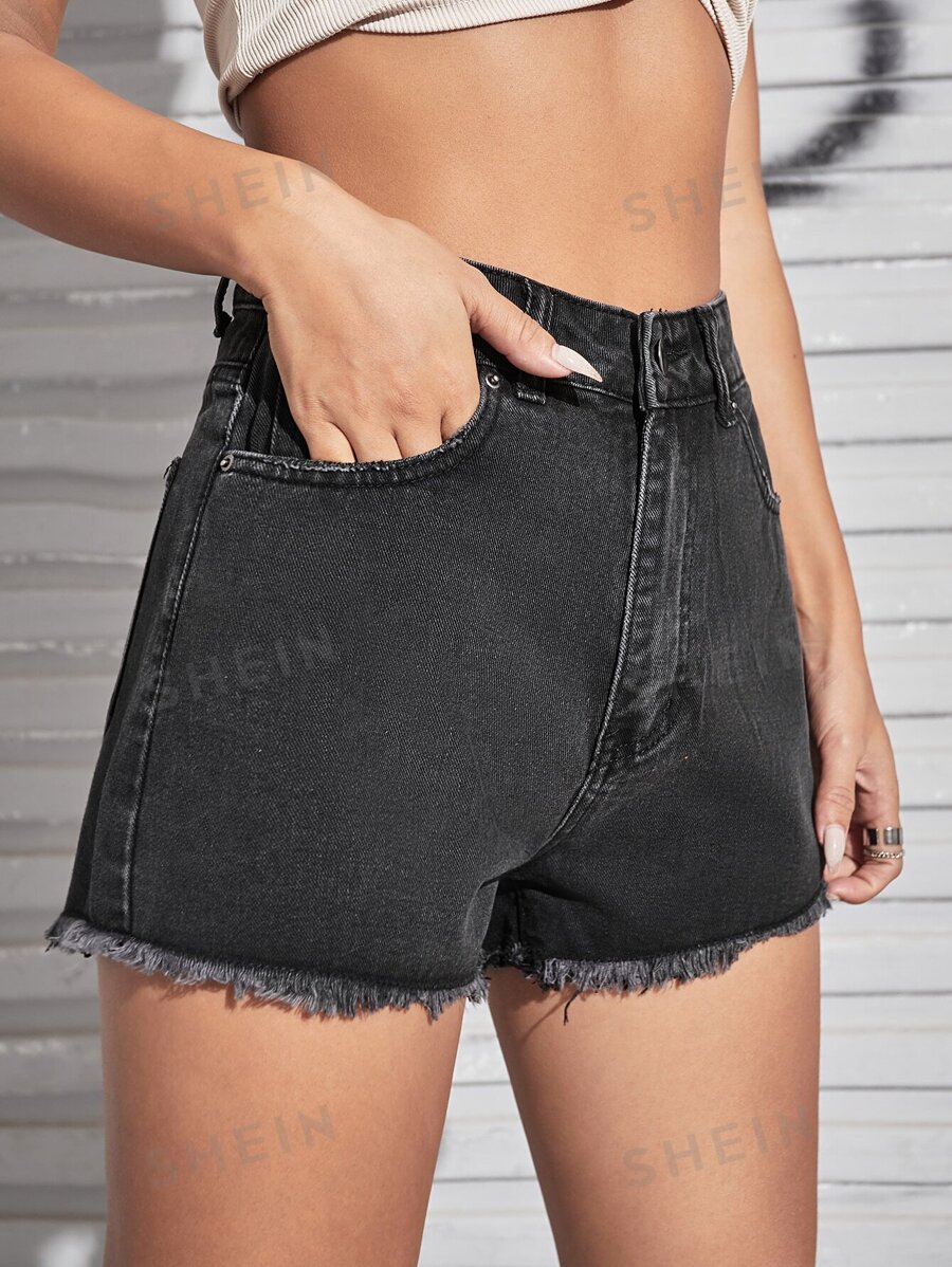 Shein Ezwear High Waist Raw Trim Denim Shorts Shein Usa