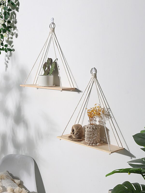 2pcs Wooden Wall Hanging Shelves - Macrame Plant Shelf With Tassel ...
