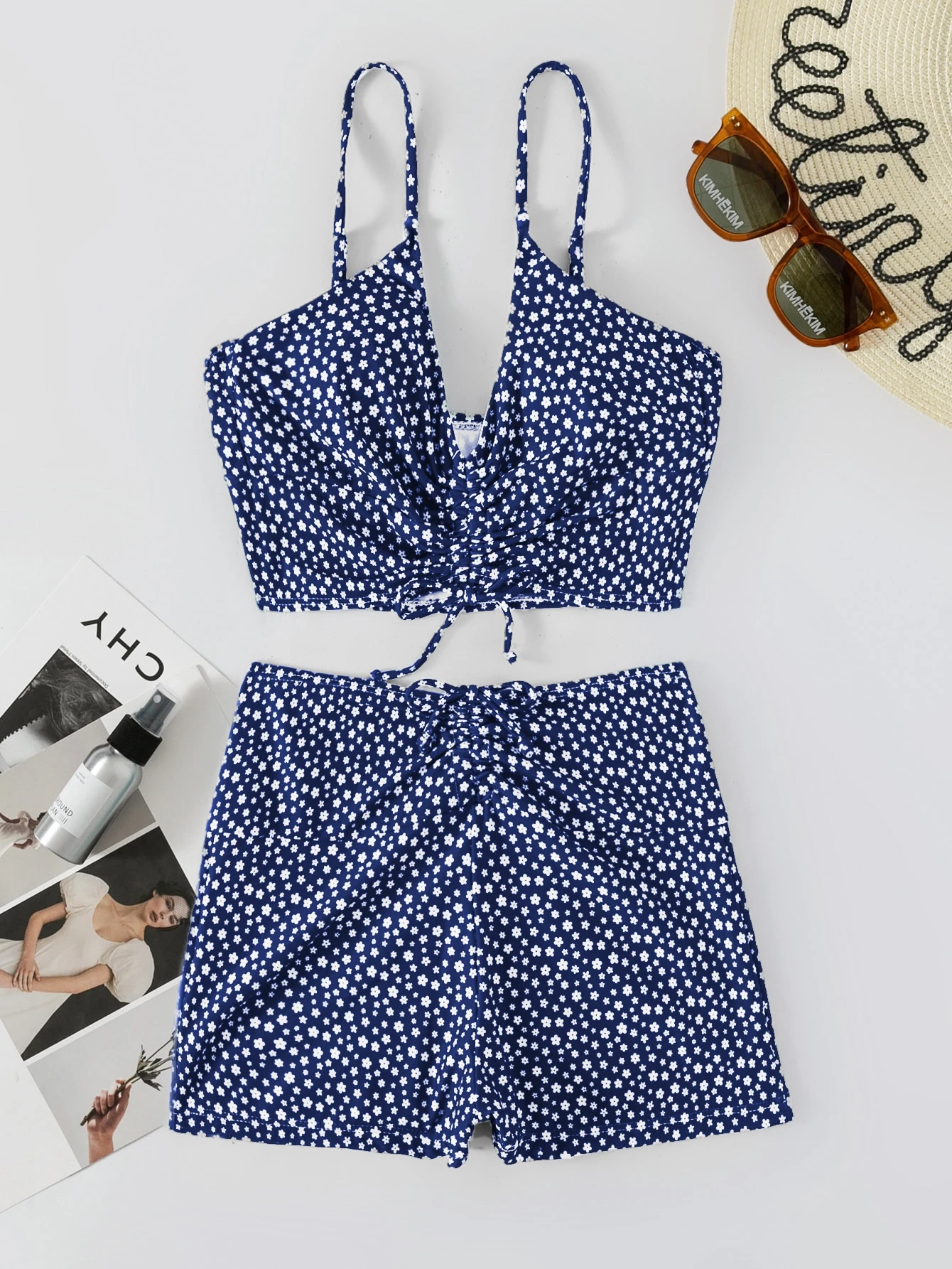 SHEIN Swim Ditsy Floral Tankini Set Drawstring Cami Top & High Waisted ...