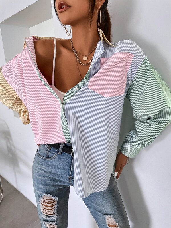 SHEIN Essnce Striped Colorblock Button Front Shirt | SHEIN USA