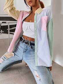 SHEIN Essnce Striped Colorblock Button Front Shirt | SHEIN USA