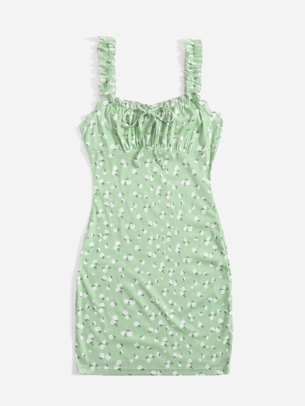 SHEIN WYWH Daisy Print Frilled Ruched Bust Tie Front Cami Dress | SHEIN USA