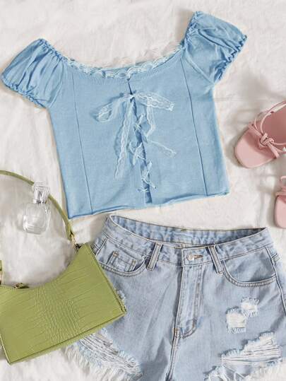 Search Lace Up Frill Trim Knit Top Shein Uk