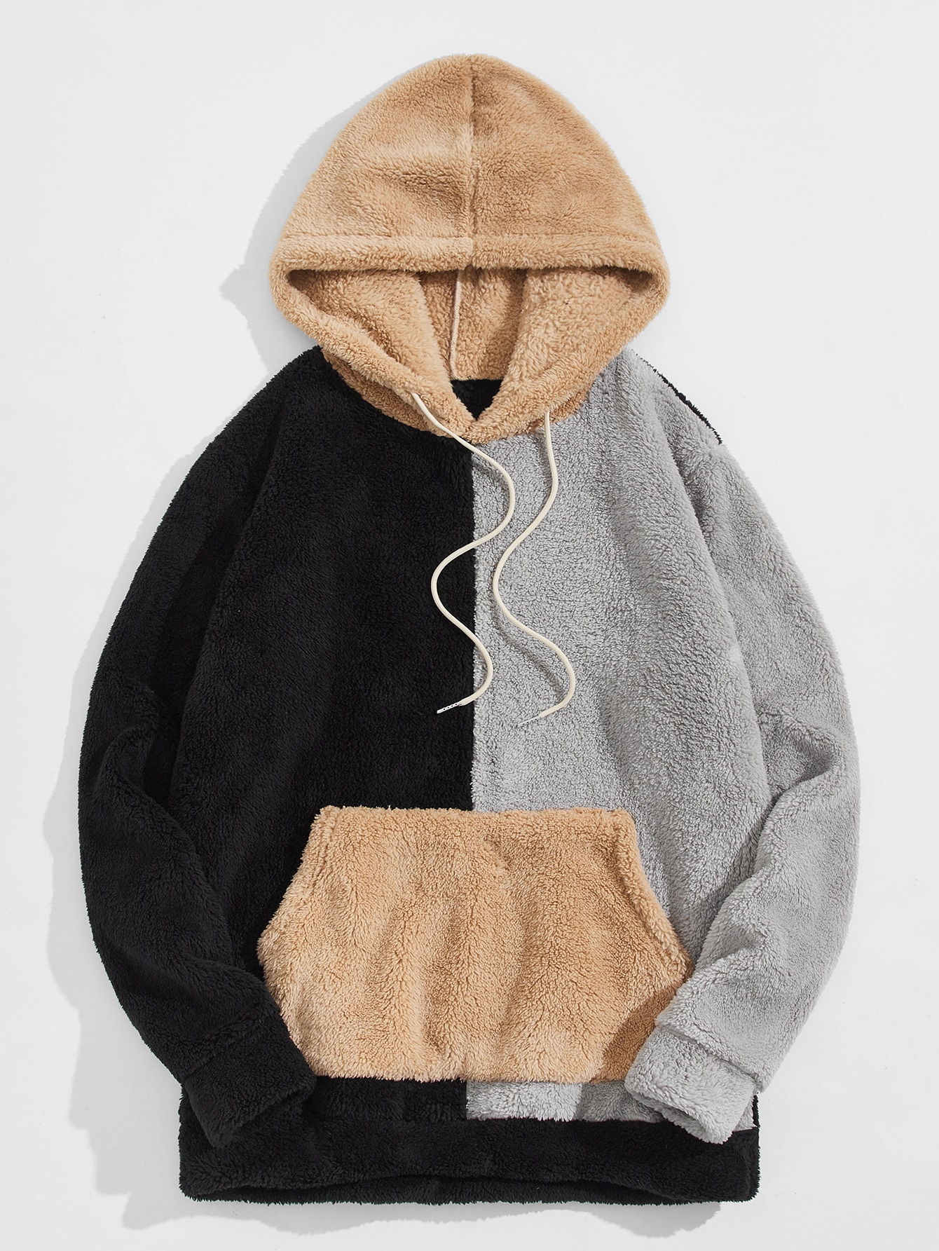 Manfinity Men Color Block Kangaroo Pocket Drawstring Teddy Hoodie