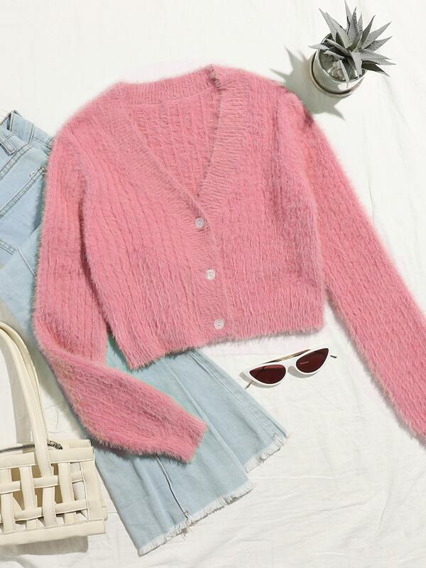 SHEIN Qutie Button Front Fuzzy Knit Cardigan | SHEIN USA