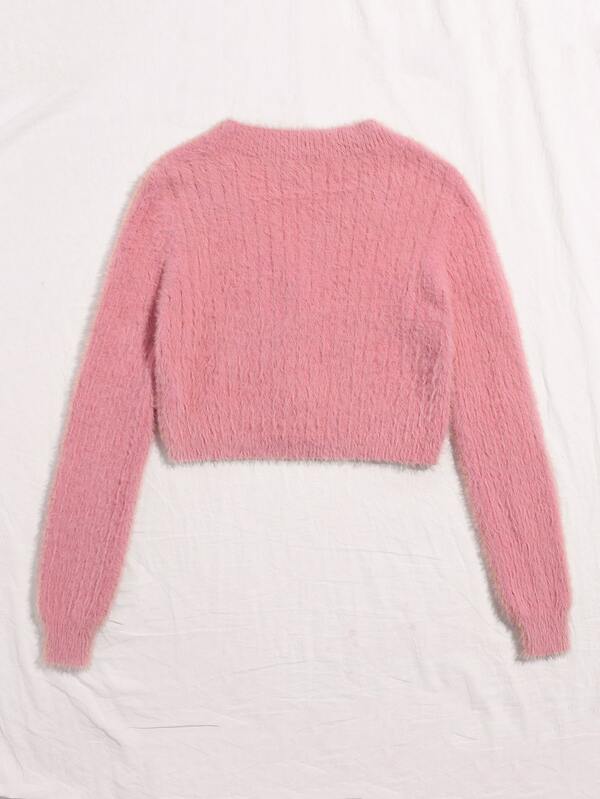 SHEIN Qutie Button Front Fuzzy Knit Cardigan | SHEIN USA