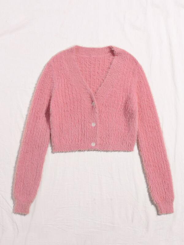 SHEIN Qutie Button Front Fuzzy Knit Cardigan | SHEIN USA