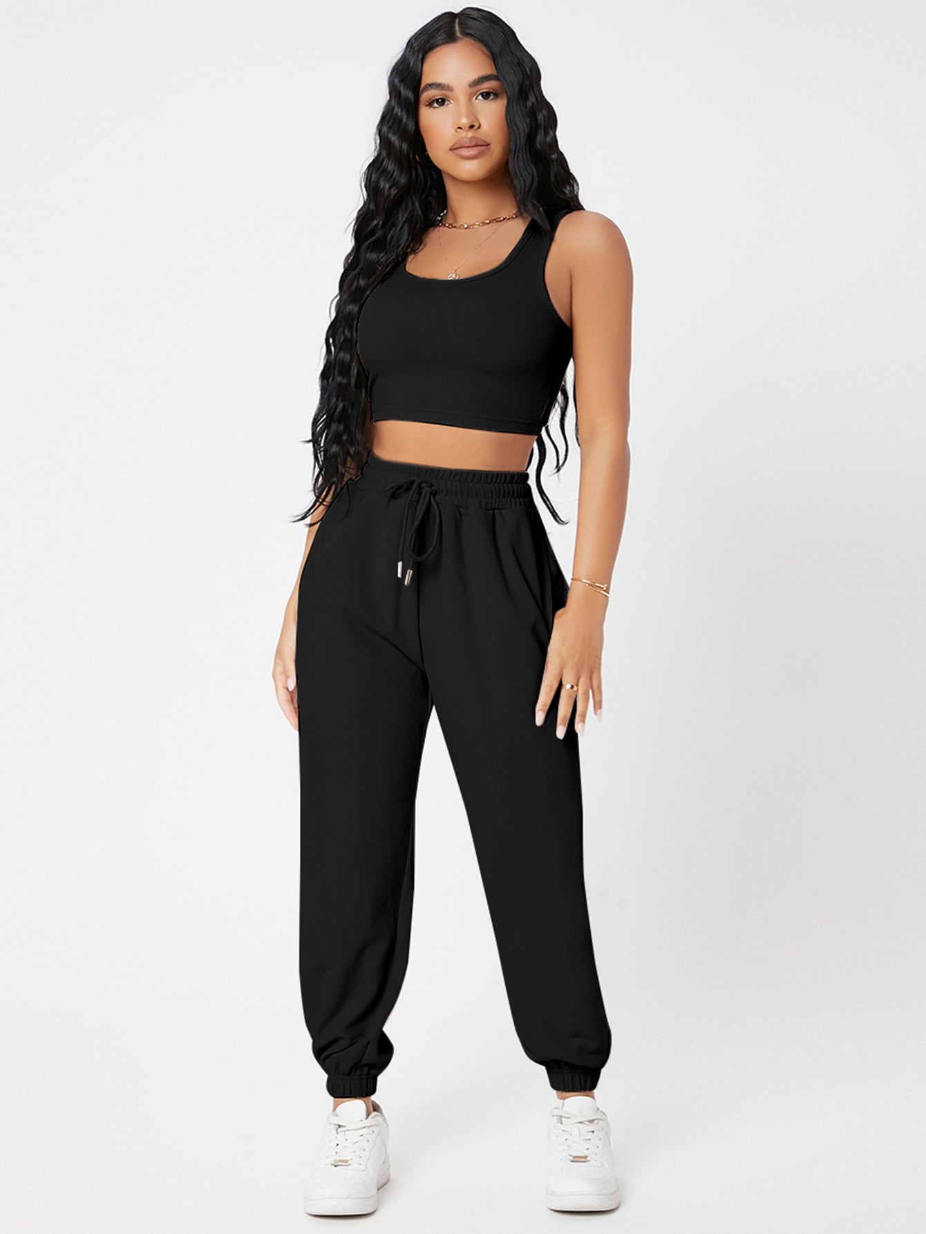 SHEIN Solid Crop Tank Top And Joggers Set