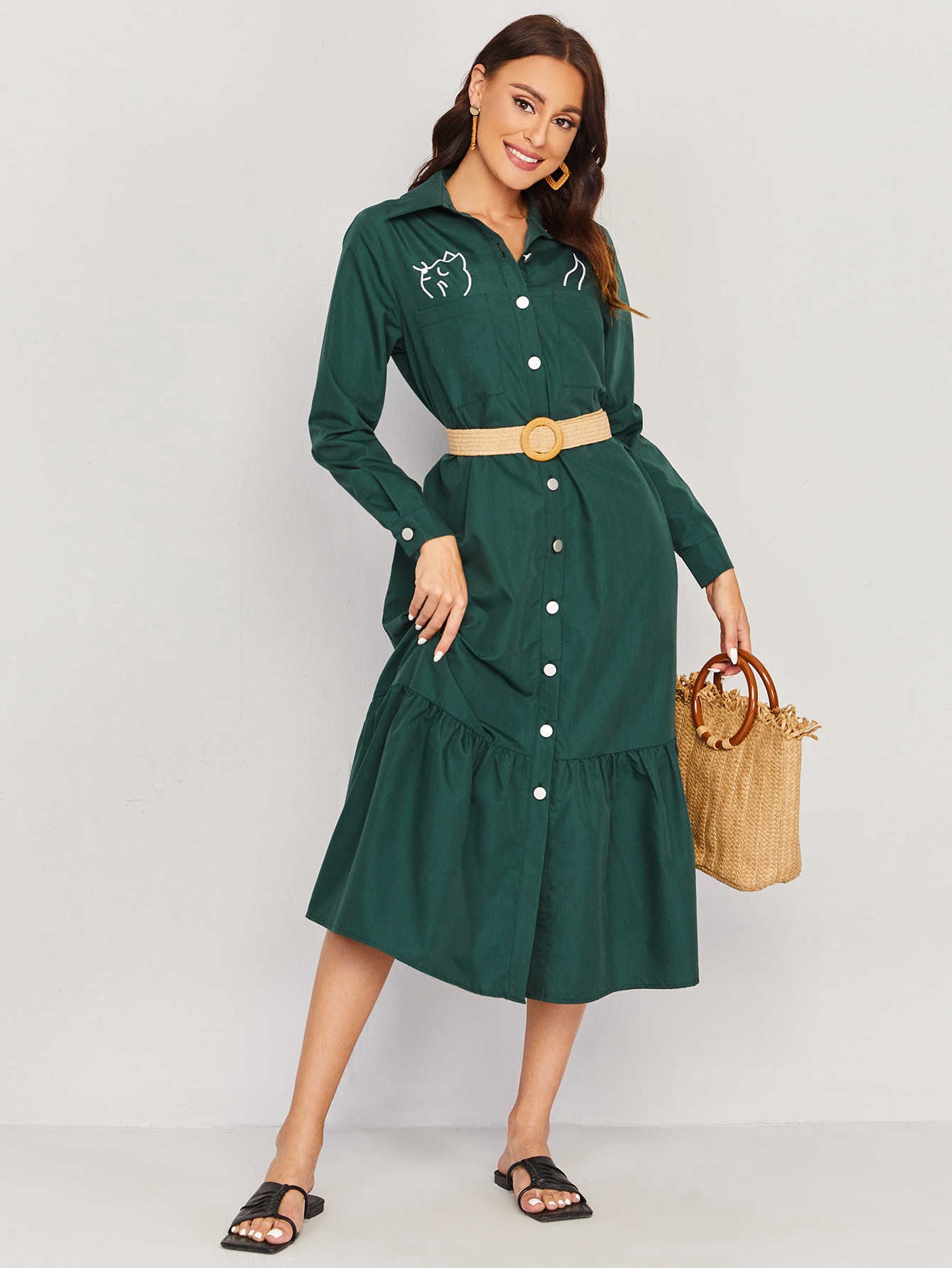 SHEIN Cat Print Belted Ruffle Hem Shirt Dress