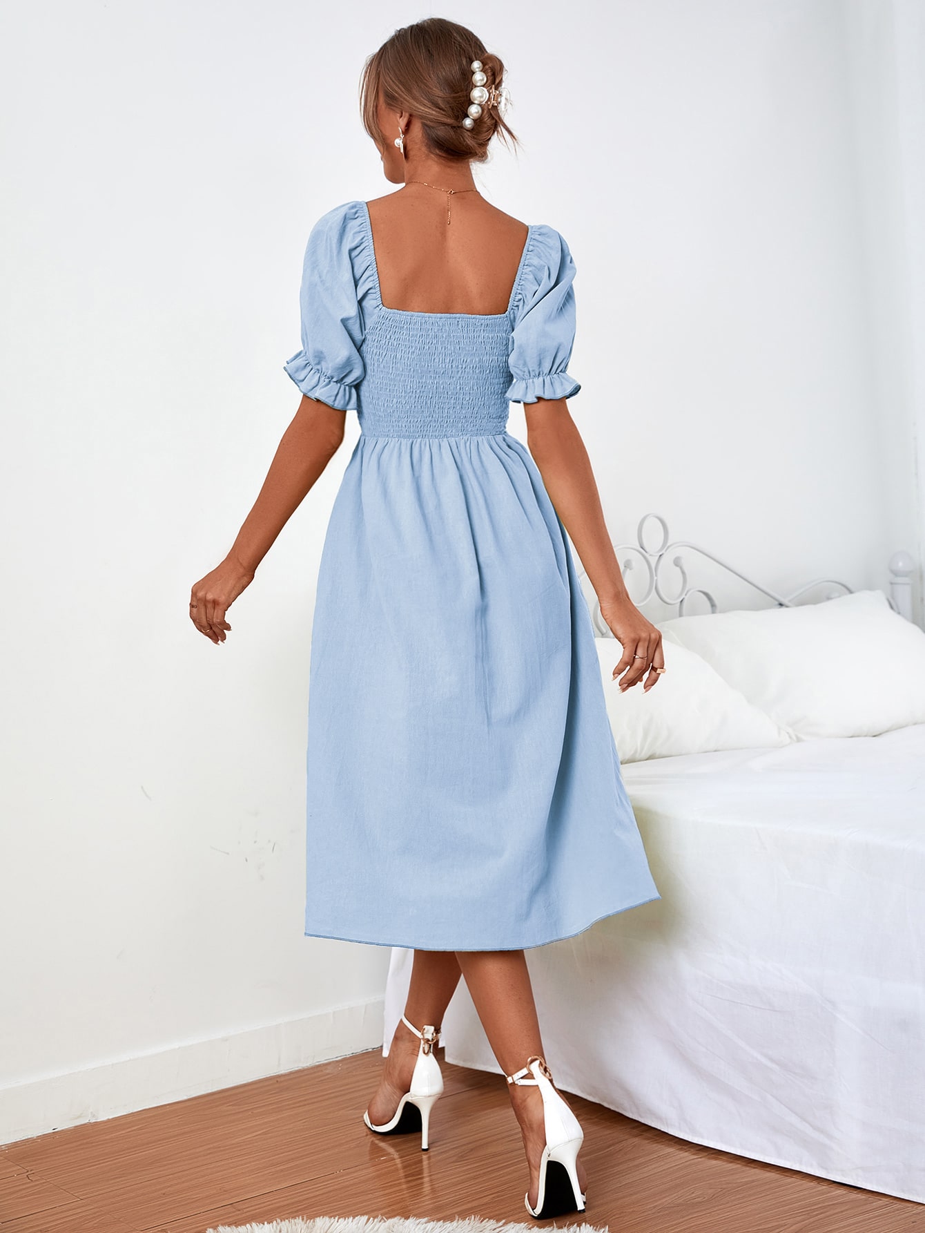 SHEIN VCAY Gola Quadrada Manga Bufante Split Thigh Vestido | SHEIN Brasil