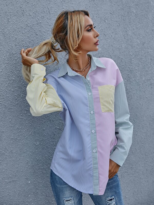 SHEIN Essnce Striped Print Colorblock Drop Shoulder Blouse | SHEIN USA