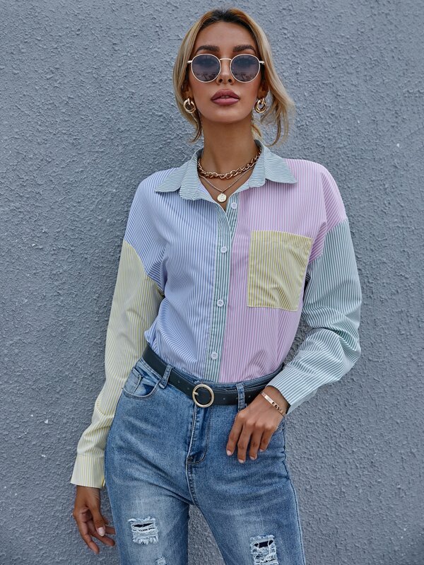 SHEIN Essnce Striped Print Colorblock Drop Shoulder Blouse | SHEIN USA