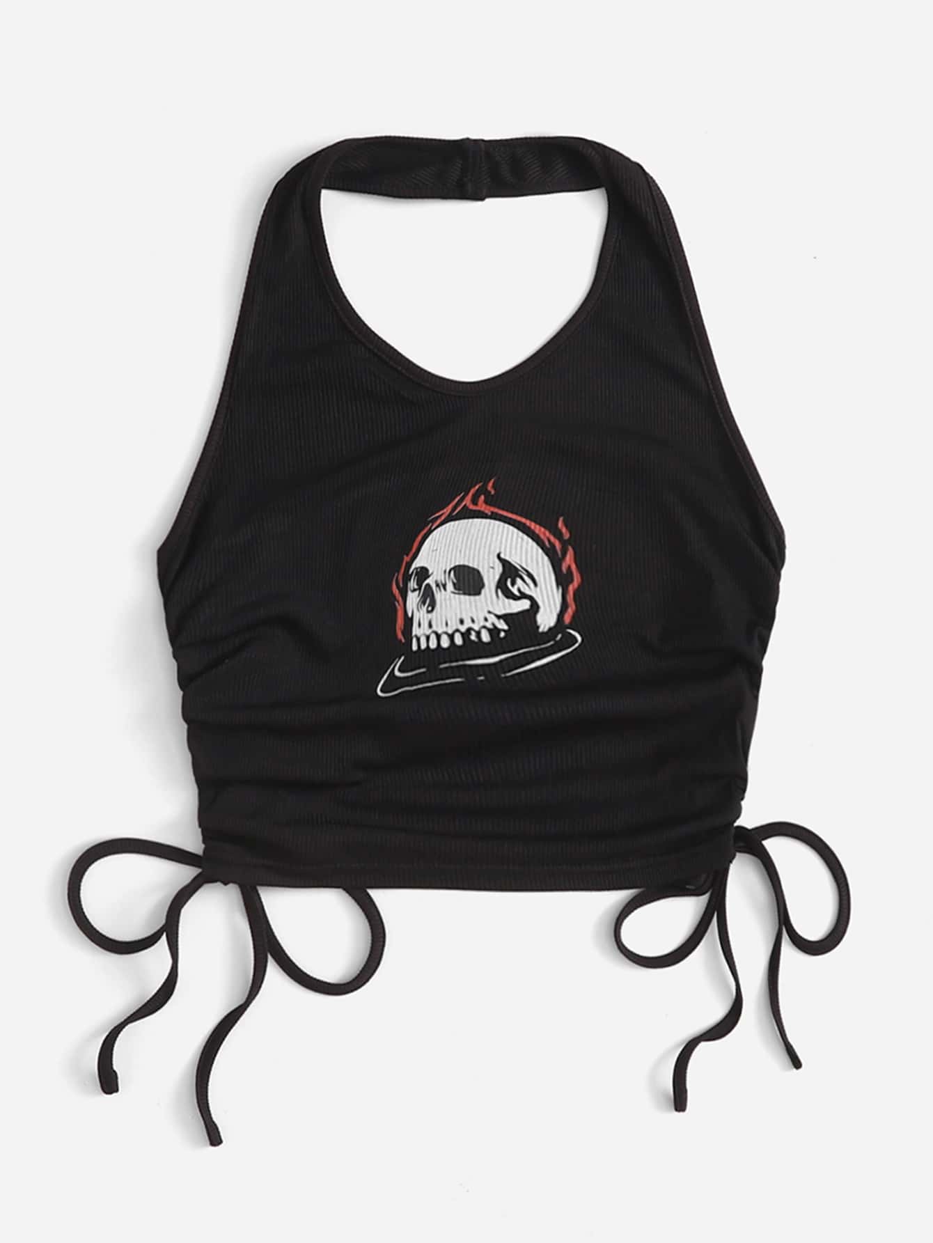 Our Skeleton Print Drawstring Halter Top is such a vibe - ROMWE