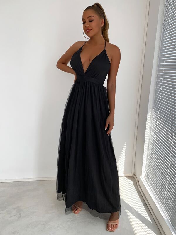 Joyfunear Plunging Neck Crisscross Back Mesh Cami Prom Dress | SHEIN EUR