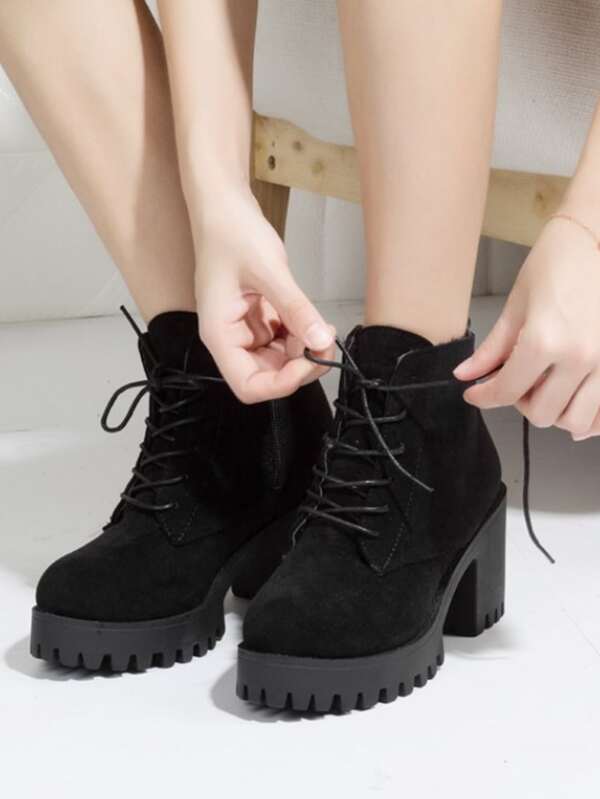 Our Side Zipper Lace-up Front Ankle Boots is such a vibe - ROMWE