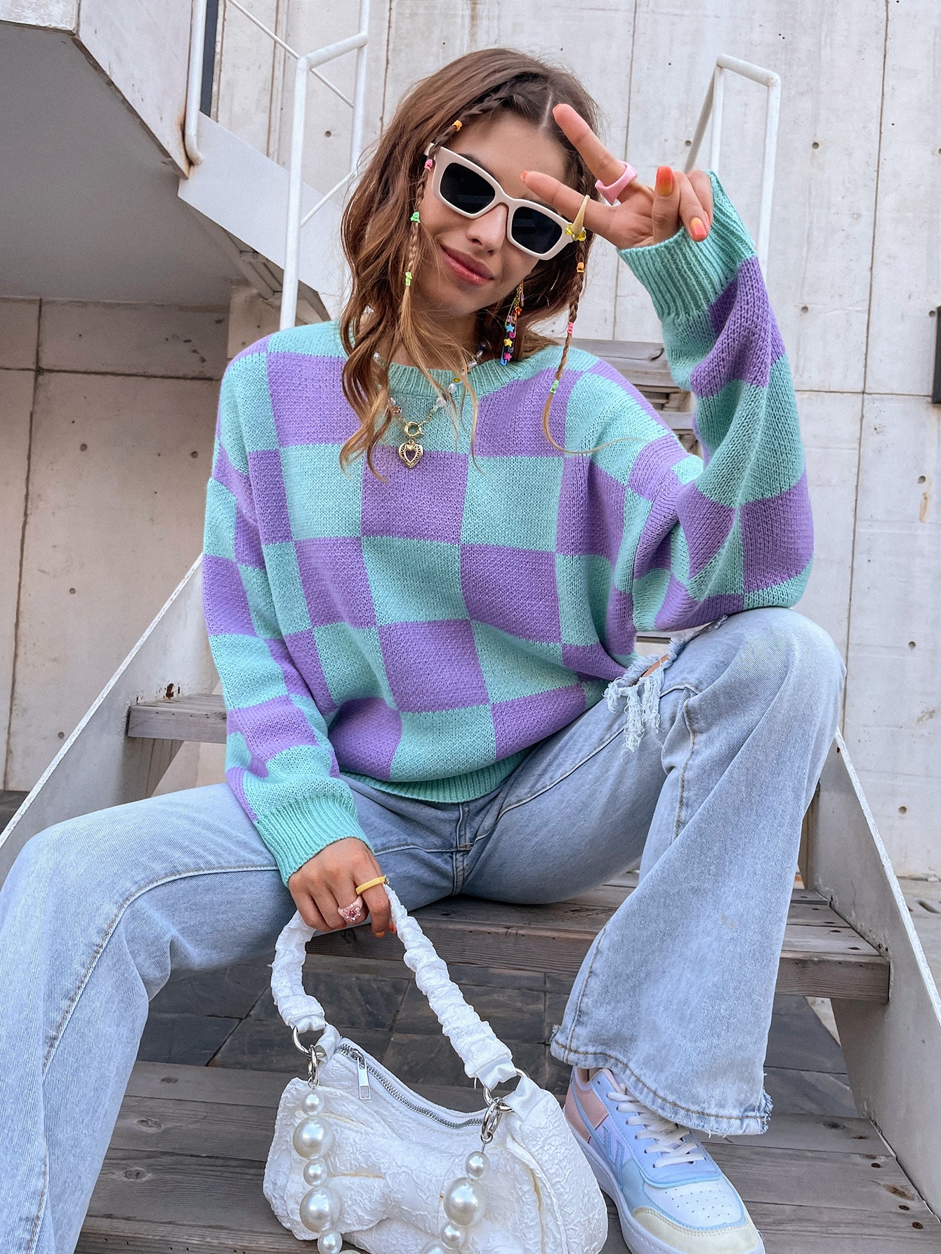 Drop Shoulder Checked Pattern Sweater | SHEIN USA