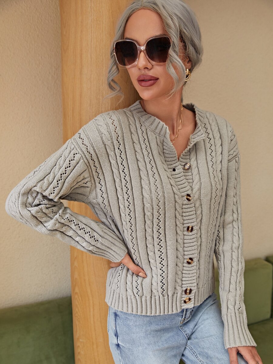 SHEIN Drop Shoulder Cable & Pointelle Knit Cardigan | SHEIN USA