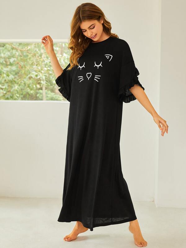 SHEIN Mulvari Cat Print Flounce Sleeve Drop Shoulder Nightdress | SHEIN UK