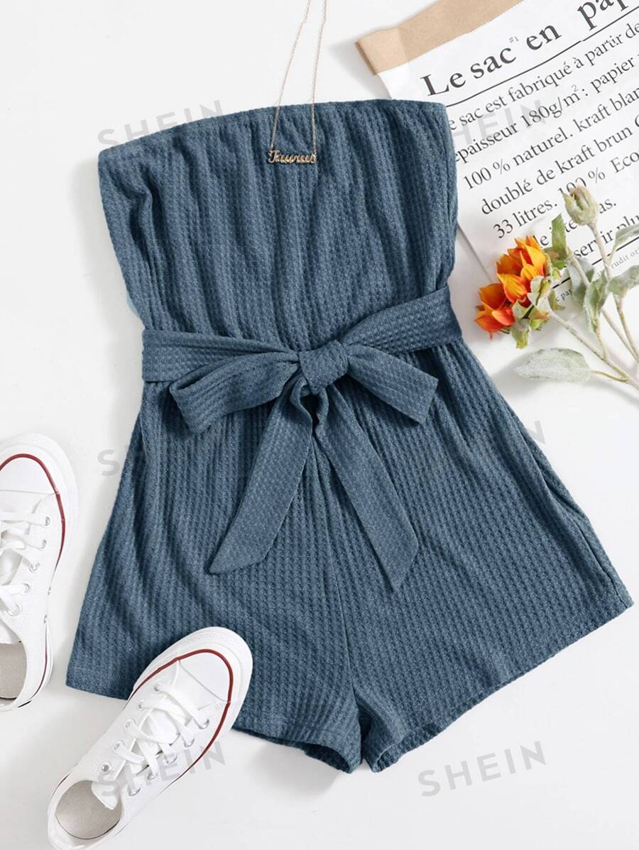 SHEIN VCAY Waffle Knit Self Belted Romper | SHEIN UK