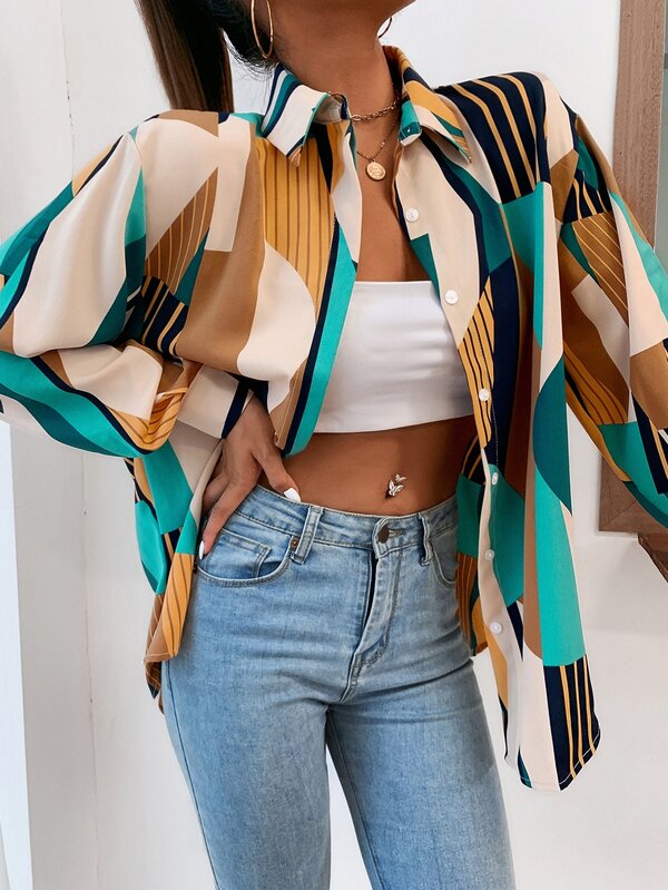 SHEIN LUNE Color Block Button Up Shirt | SHEIN USA