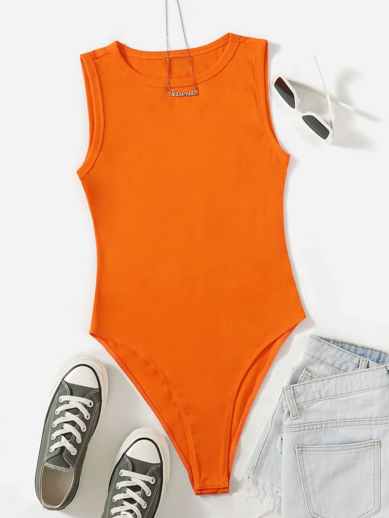 Neon Orange Solid Skinny Bodysuit