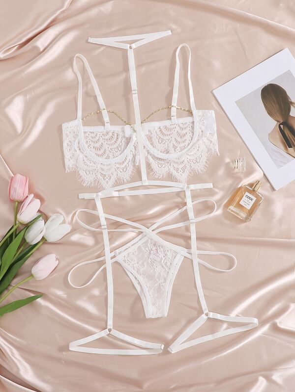 Eyelash Lace Cut Out Underwire Garter Lingerie Set Shein Usa