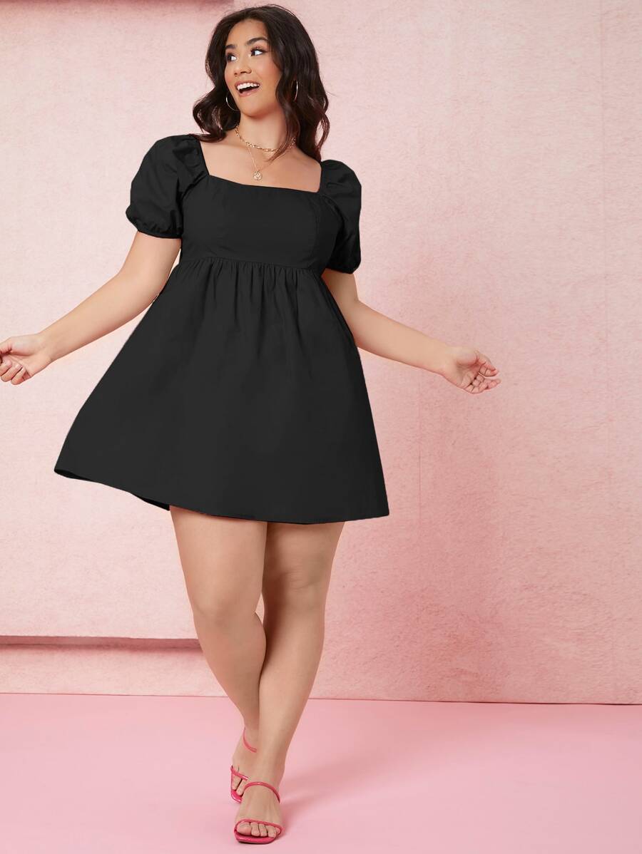 SHEIN Privé Plus Puff Sleeve Solid Dress | SHEIN USA