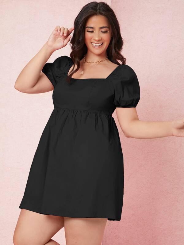 SHEIN Privé Plus Puff Sleeve Solid Dress | SHEIN USA