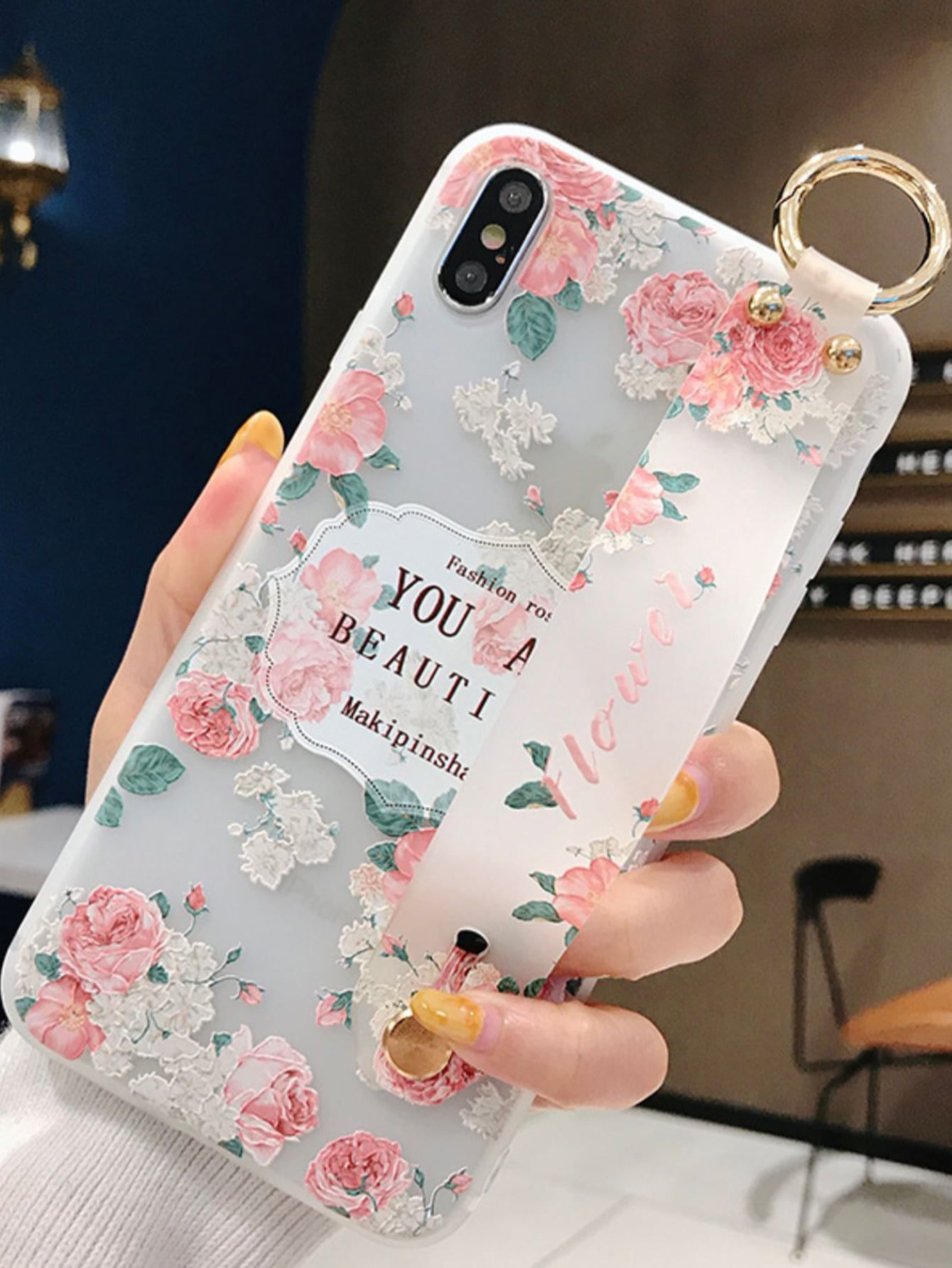 Flower Pattern Phone Case With Wristband Holder