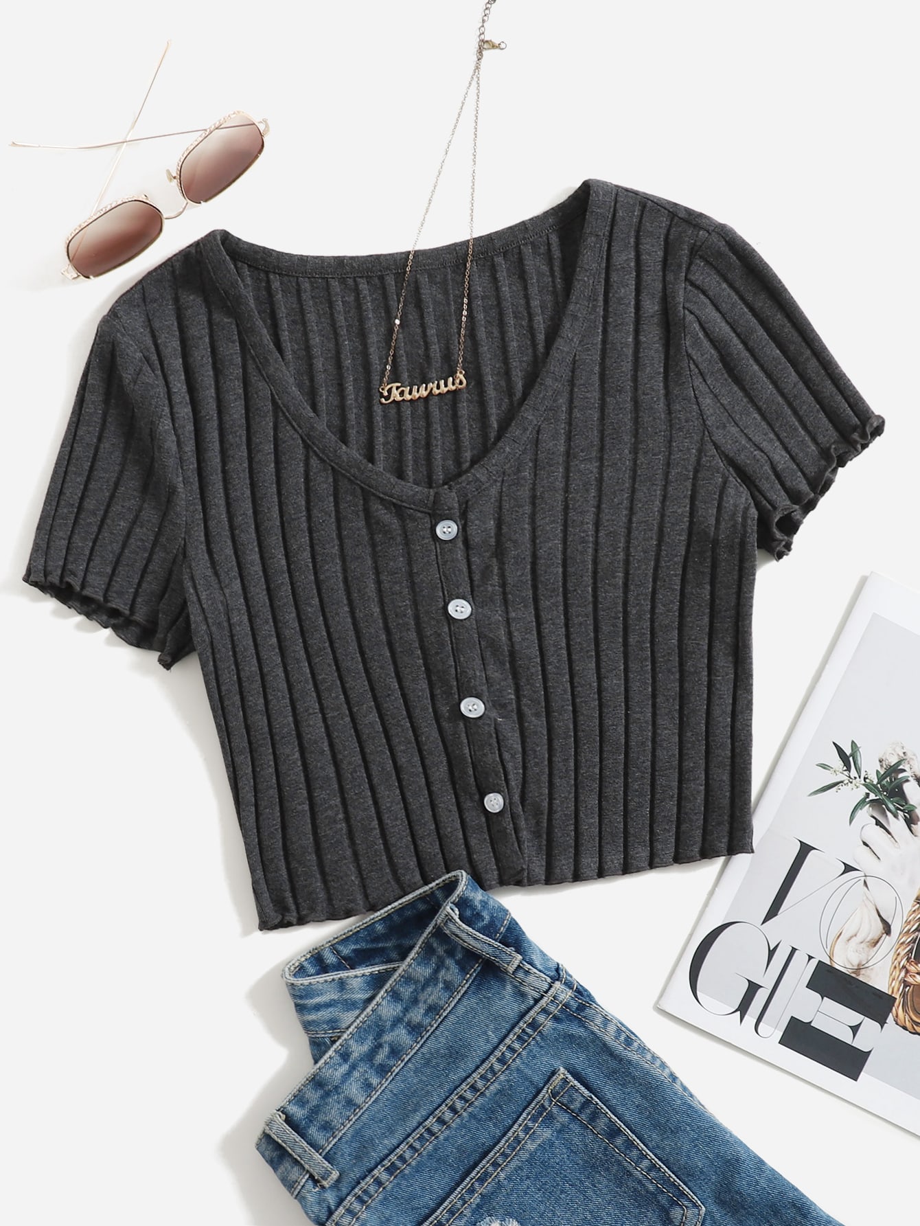 Button Up Rib-knit Crop Top