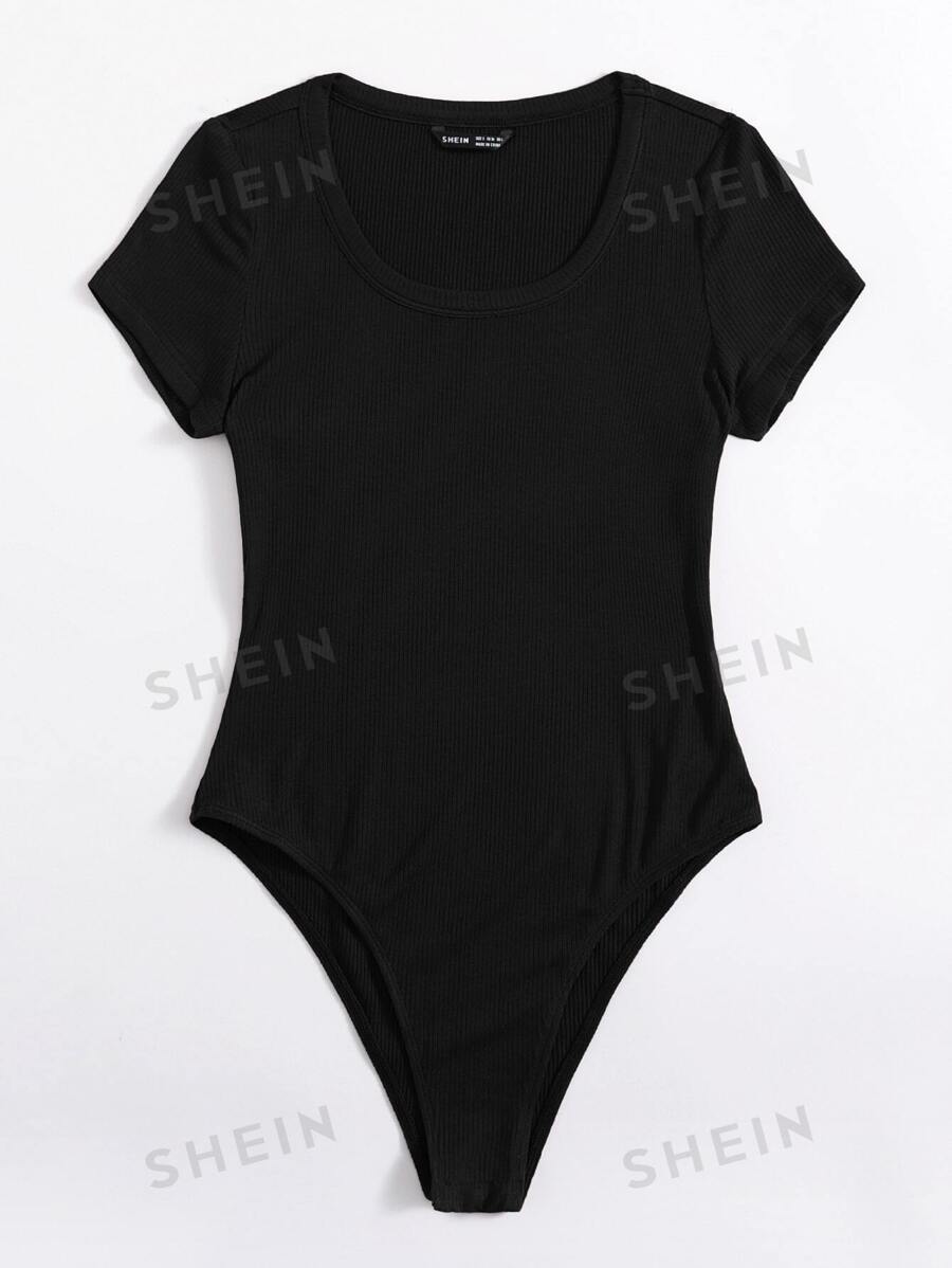 SHEIN EZwear Black Mock-Neck Rib-Knit Bodysuit | SHEIN USA