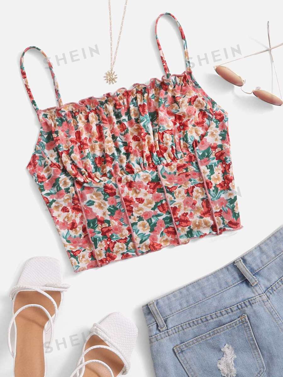 SHEIN WYWH Top de tirantes con estampado floral pecho con fruncido ...