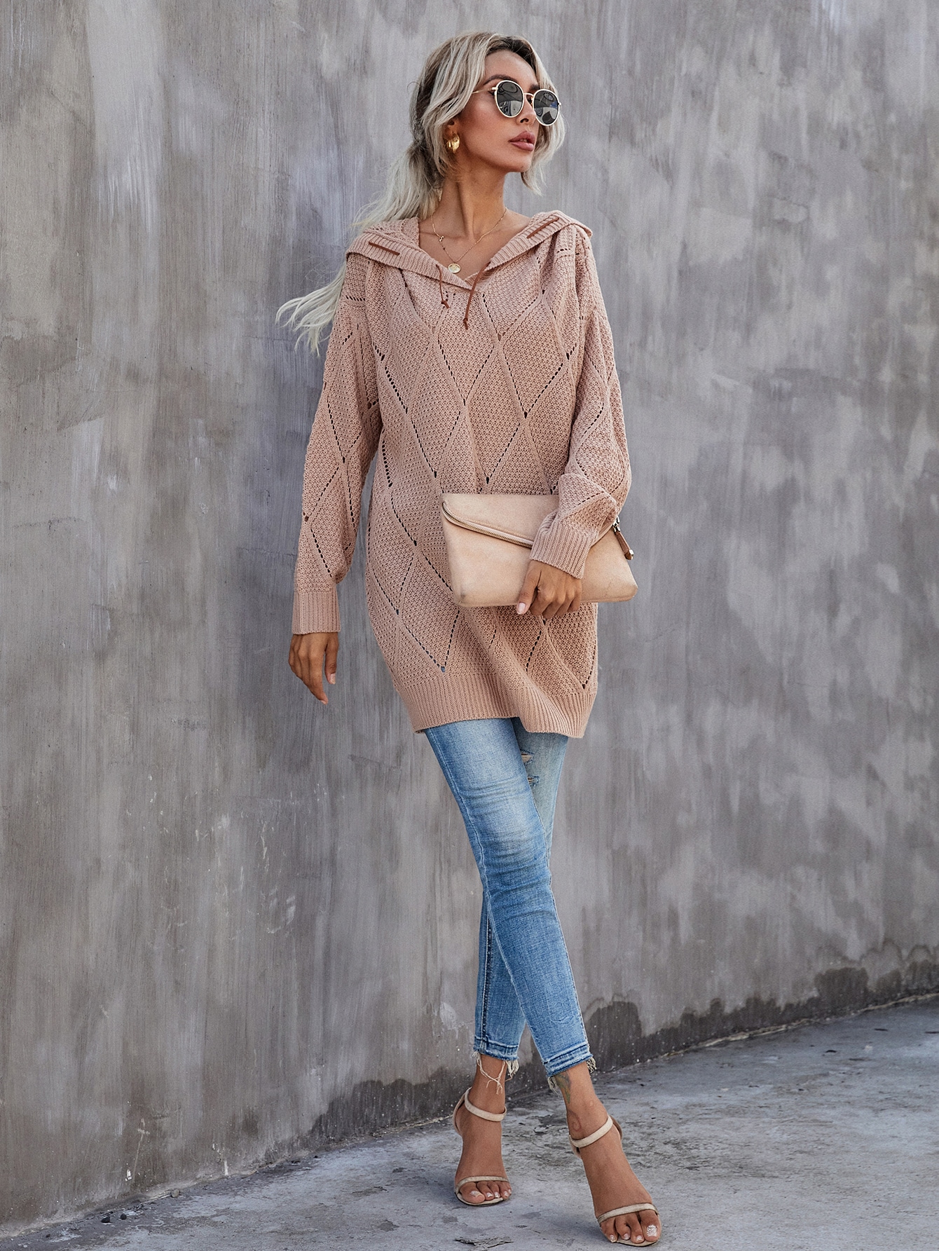 SHEIN LUNE Open Knit Drawstring Hooded Sweater | SHEIN USA