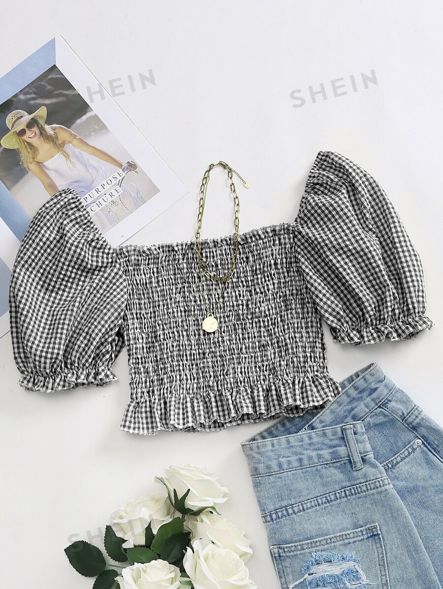 SHEIN VCAY Puff Sleeve Shirred Frill Trim Gingham Peplum Top | SHEIN UK