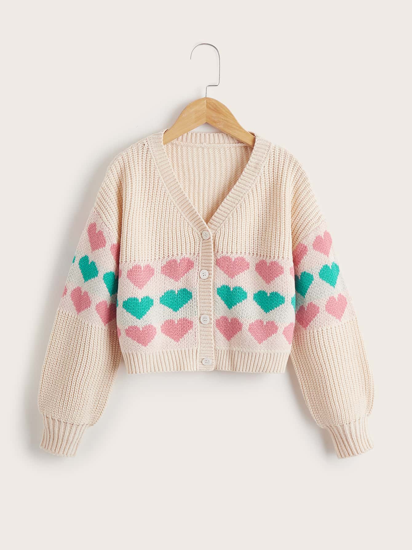 Girls Heart Pattern Drop Shoulder Cardigan