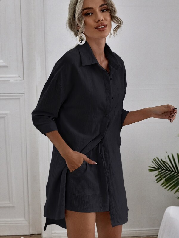 SHEIN Essnce Solid High Low Split Hem Shirt & Shorts | SHEIN USA