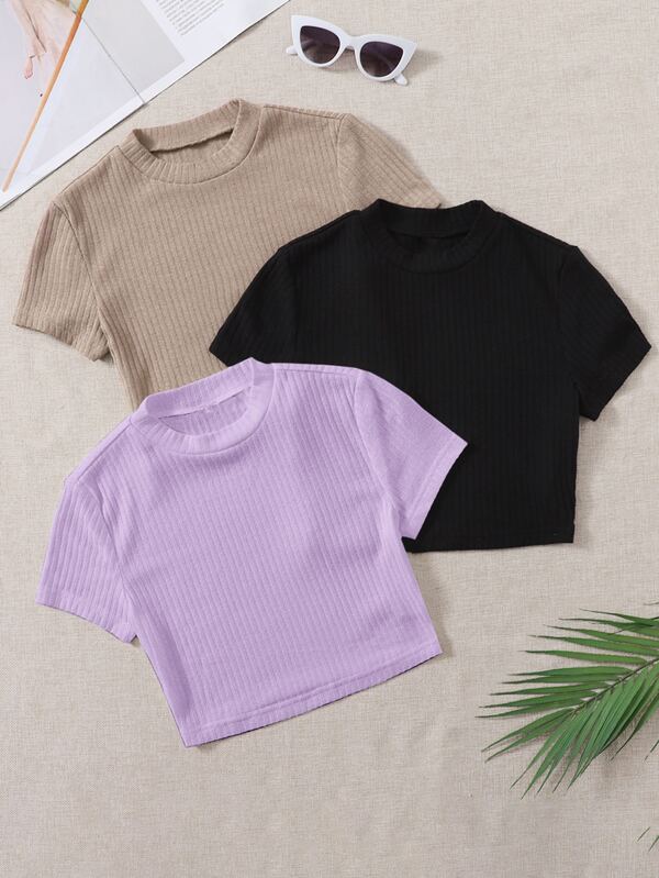 SHEIN EZwear 3 Pack Solid Rib-knit Tee | SHEIN USA